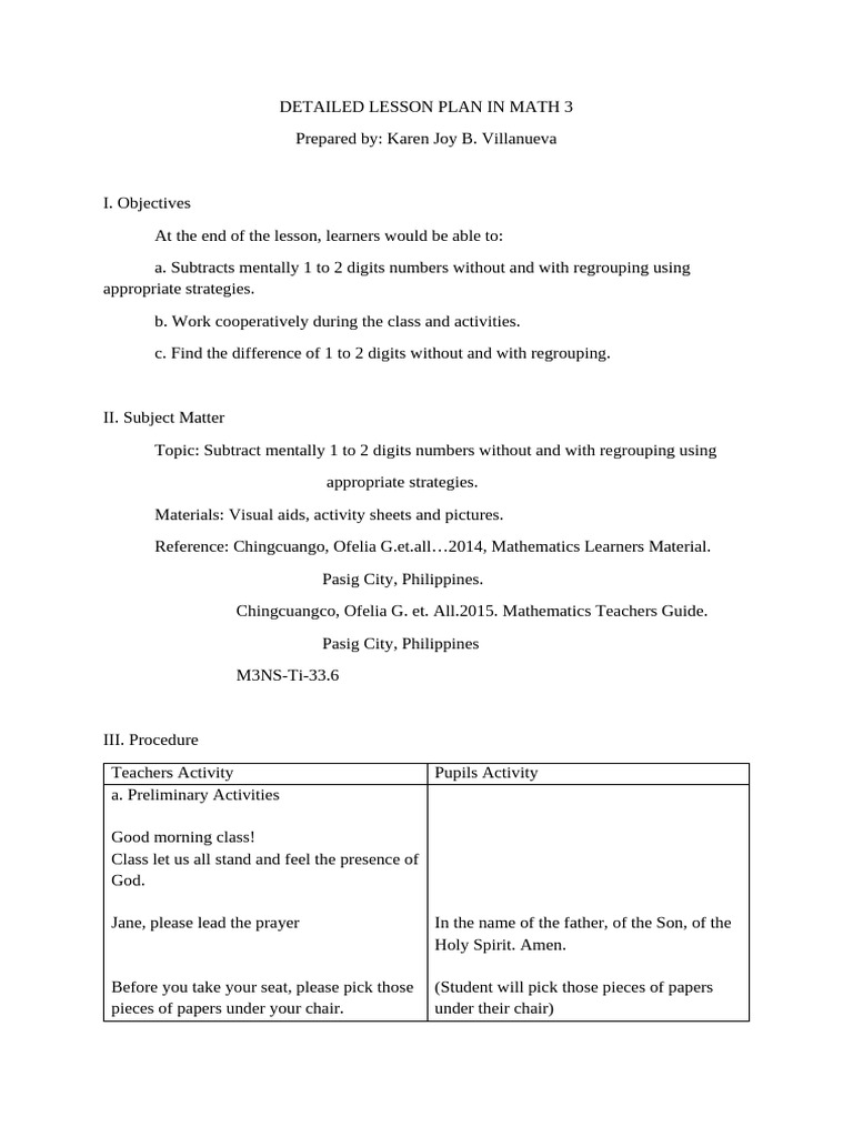 Detailed Lesson Plan in Math 3 | PDF | Subtraction