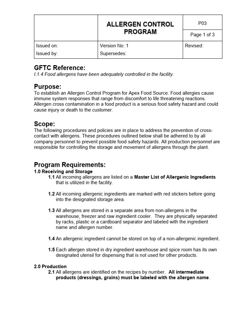 483118024 P3 Allergen Control Program | PDF | Food Allergy | Allergen