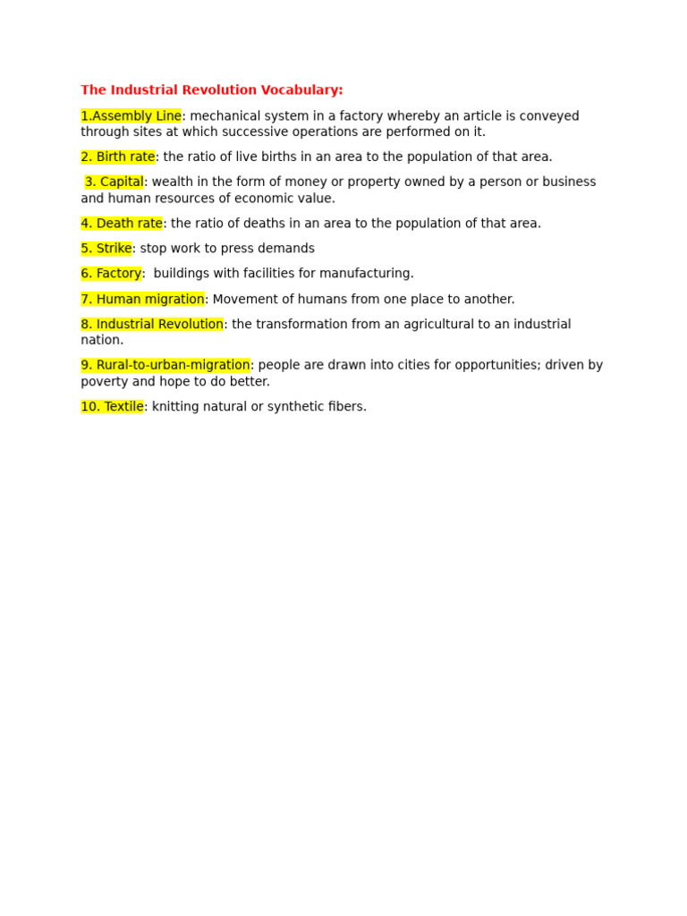 The Industrial Revolution Vocabulary | PDF