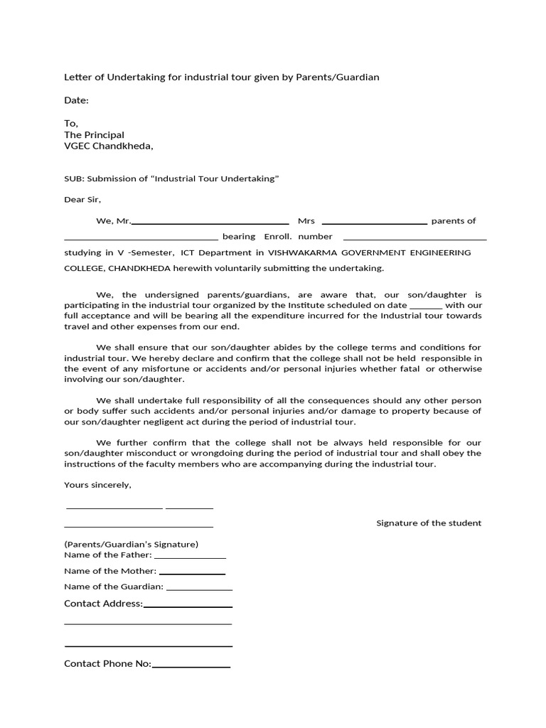 Letter of Undertaking Industrial Tour | PDF