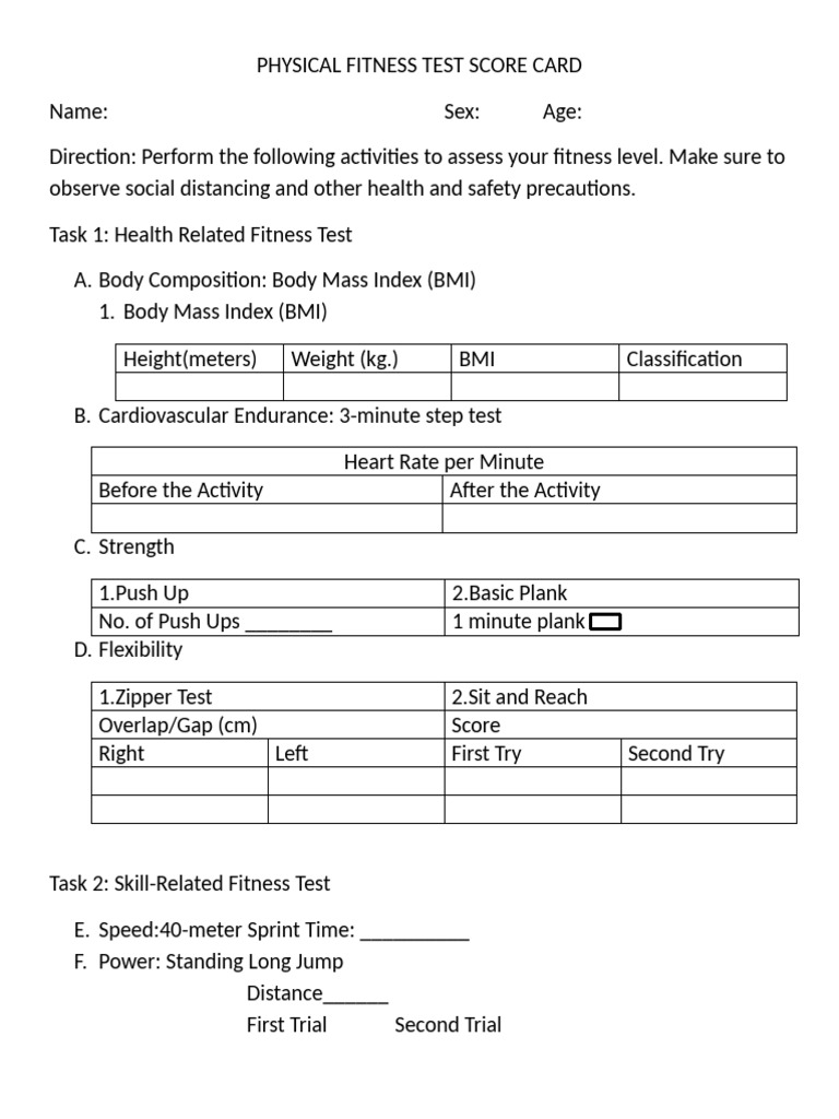 Physical Fitness Test Score Card | PDF