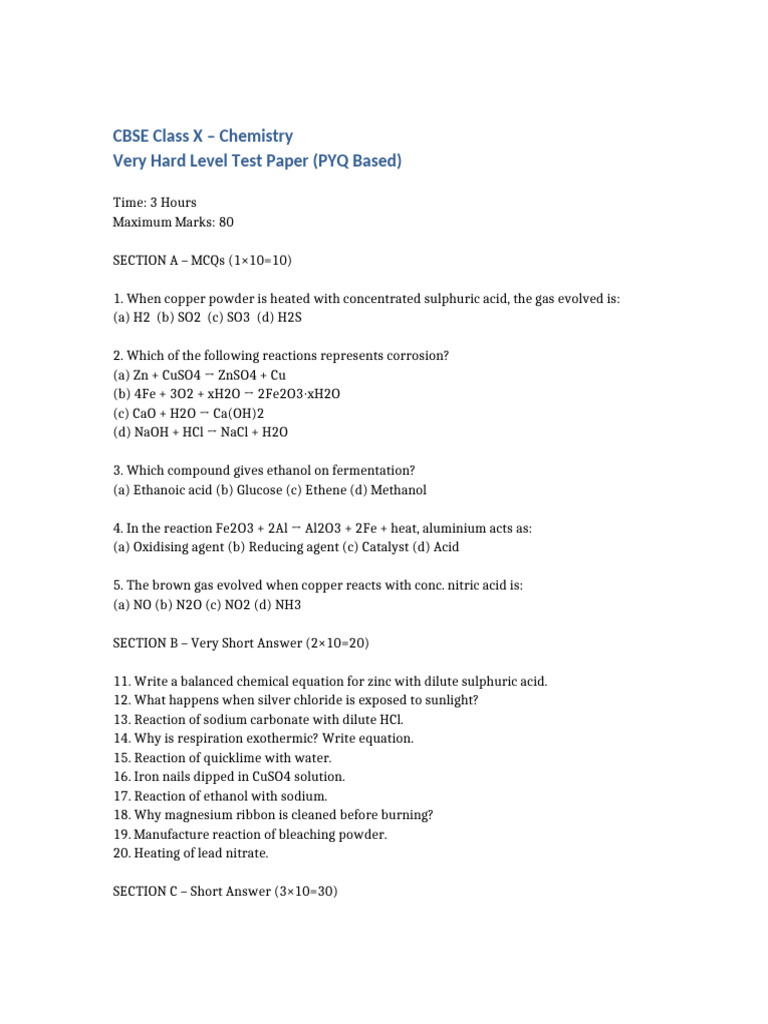 Class 10 Chemistry Very Hard PYQ Test Paper | PDF