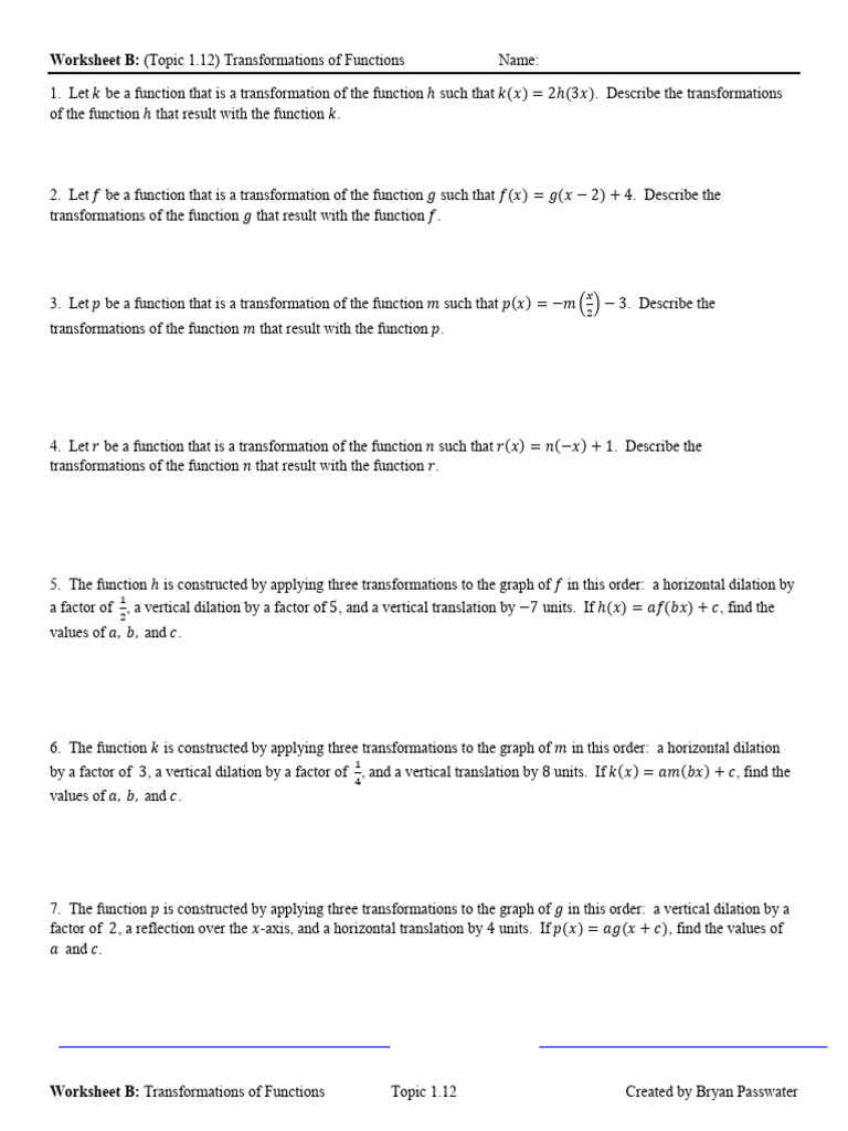 AP Precalculus Worksheet1.12B Transformations of Functions | PDF ...