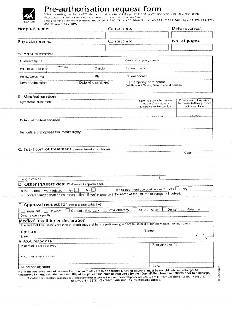 Axa Pre Auth Form | PDF