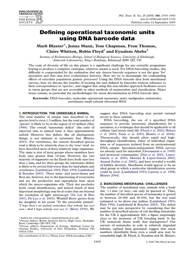Defining Operational Taxonomic Units Using DNA Bar | PDF | Species ...