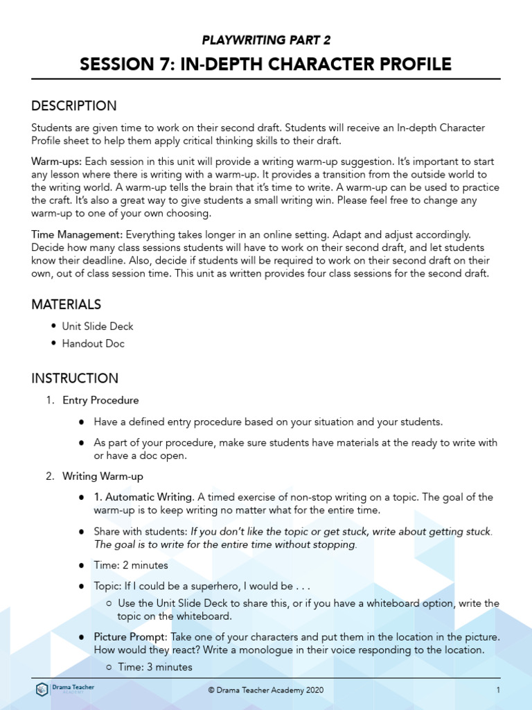 Lesson Plan - Session 7 In-Depth Character Profile | PDF