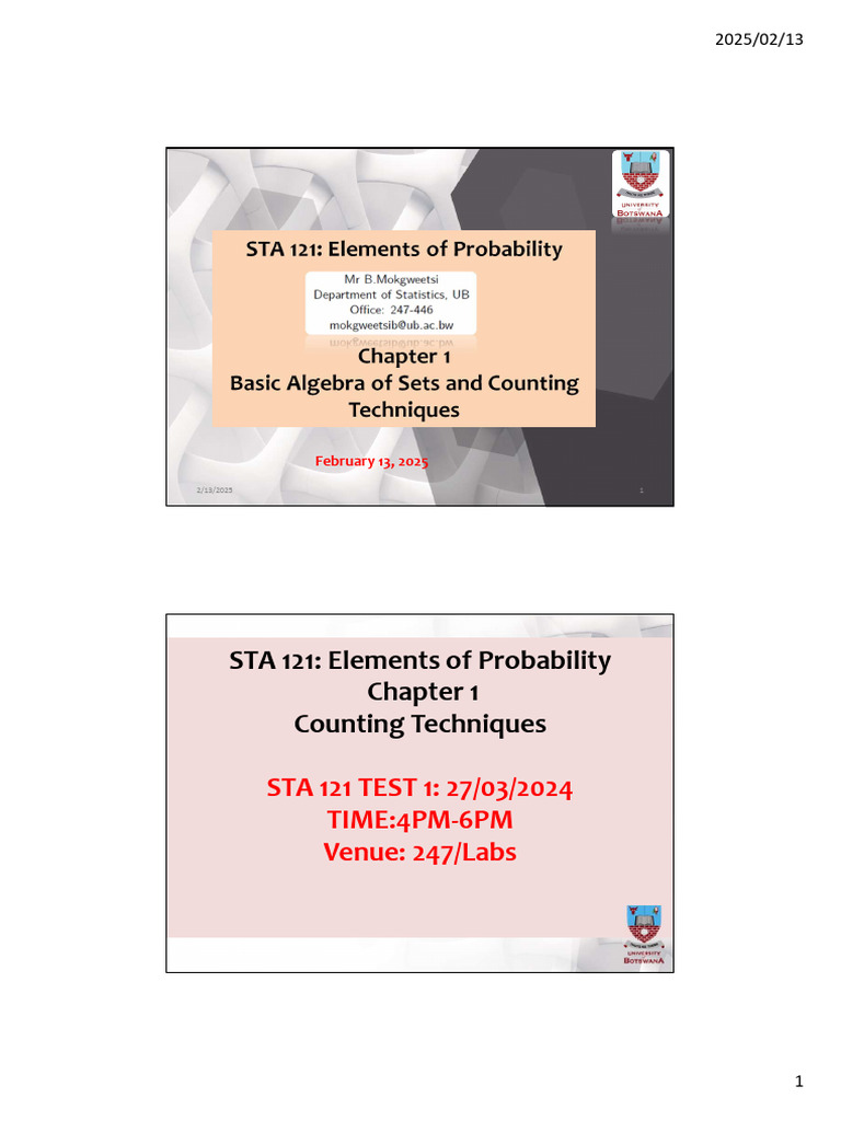 STA 121 Lesson 02 Chapter 1 Basic Algebra of Sets and Counting ...