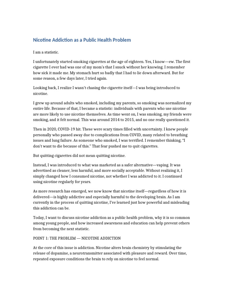 Nicotine Addiction Final Speech | PDF | Nicotine | Cigarette