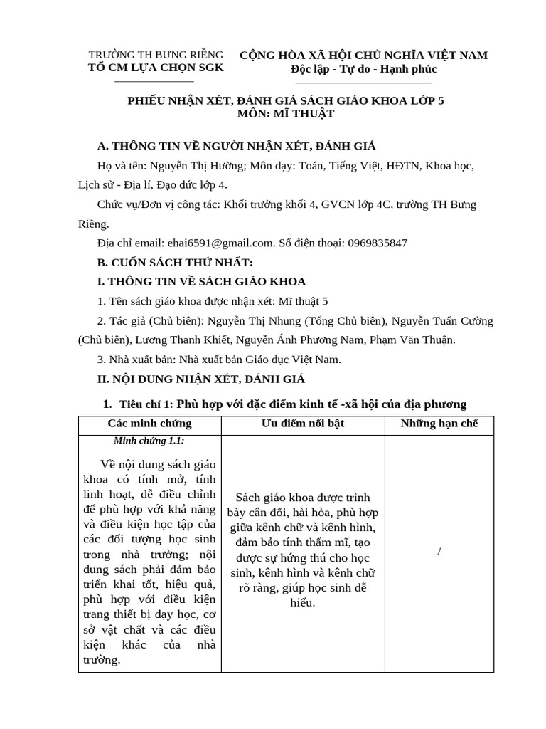 1 Phieu Nhan Xet Dg Sgk Mon Mi Thuat ( 5 Cuon)_n.huong | PDF