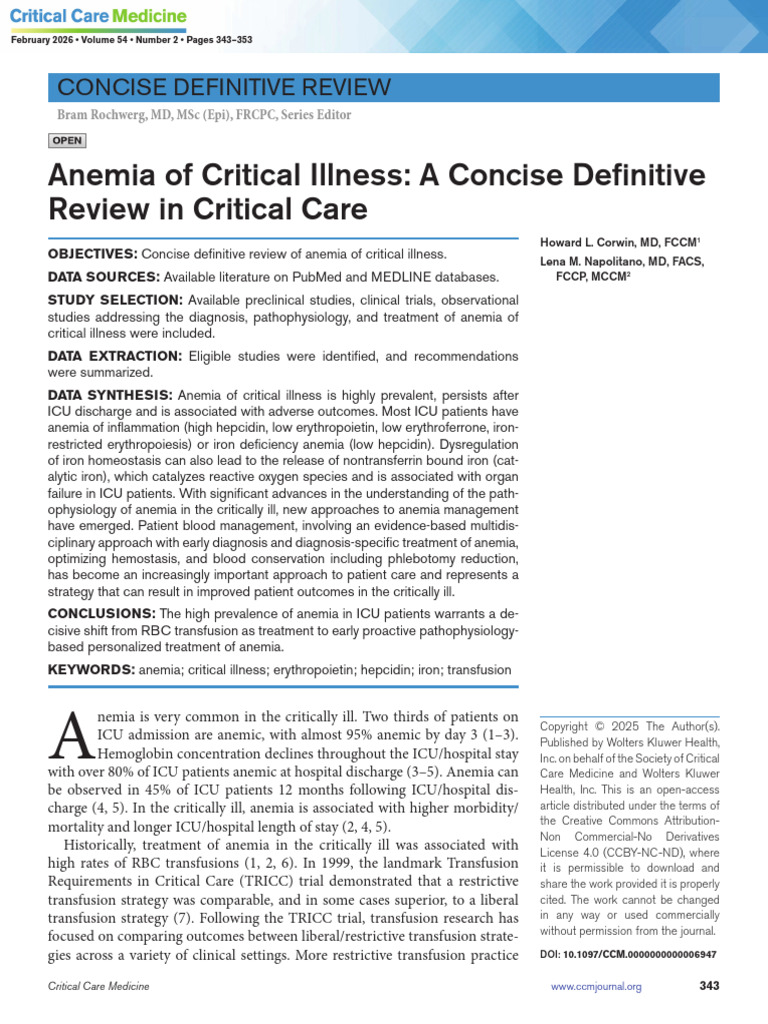 anemia_of_critical_illness | PDF | Anemia | Red Blood Cell