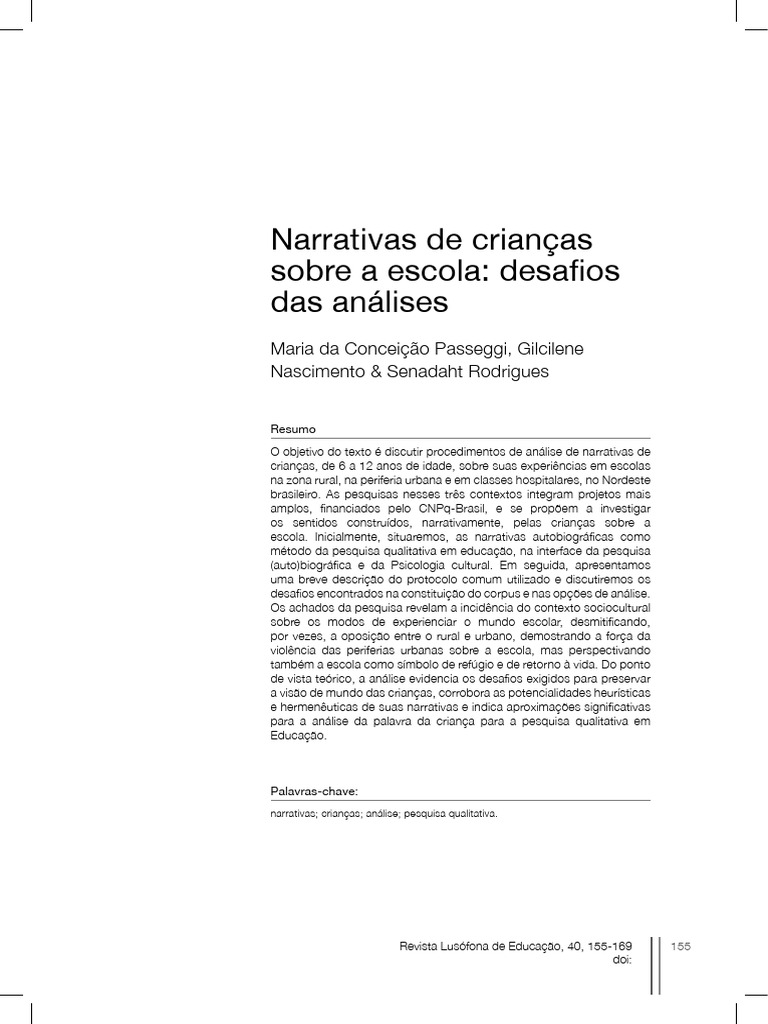 Análise Temática Narrativas de Crianças Passeggi Nascimento Rodrigues ...