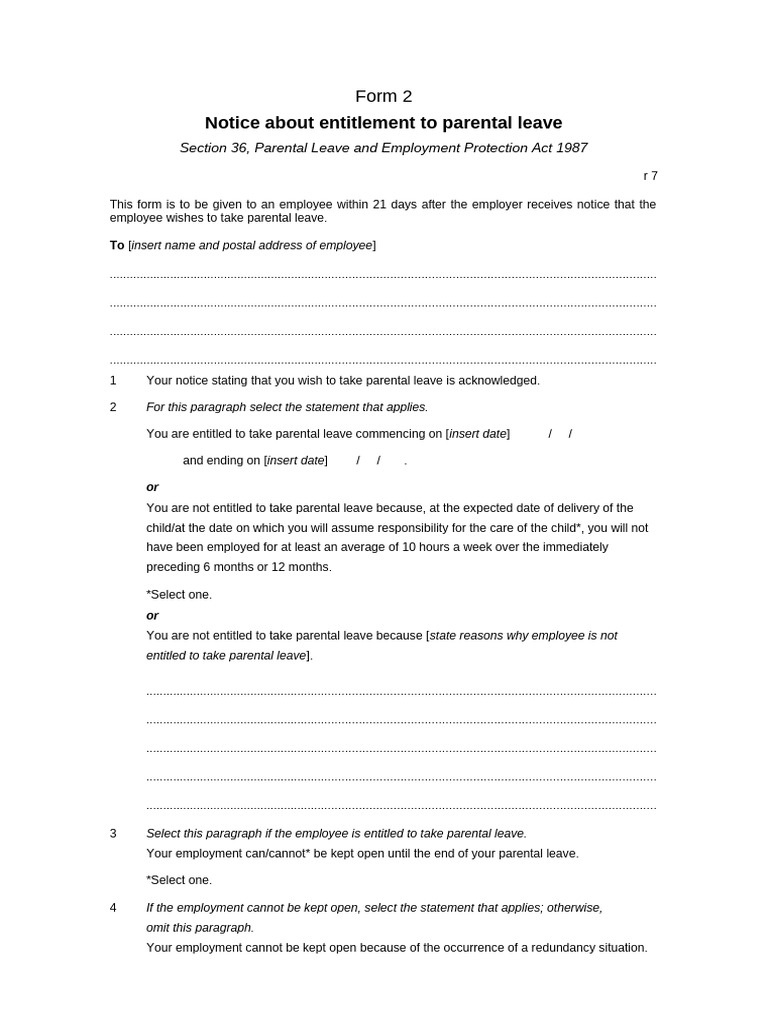 Form 2 Notice About Entitlement To Parental Leave | PDF | Parental ...