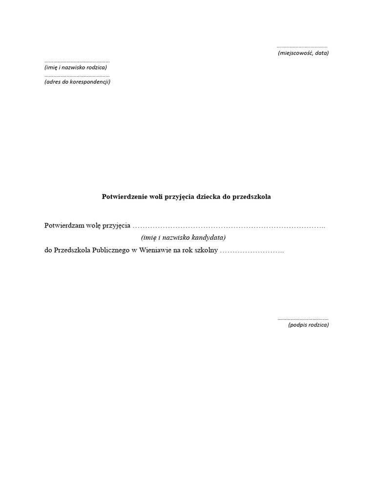 Potwierdzenie Woli Przyjęcia Dziecka Do Przedszkola | PDF