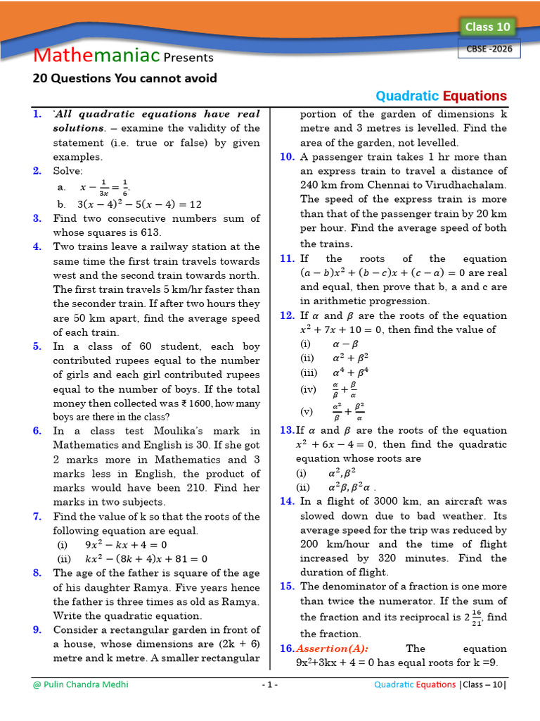 Chapter 4 - Questions You Can Not Avoid - Quadratic Equations | PDF ...