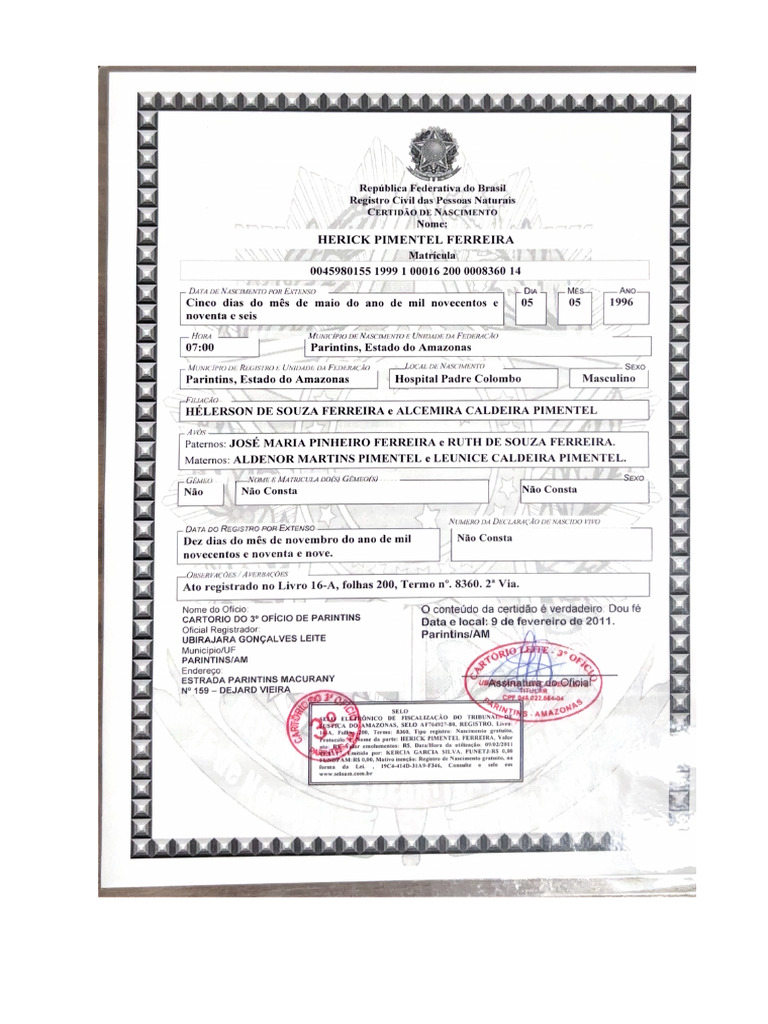 Certidao de Nascimento Herick | PDF