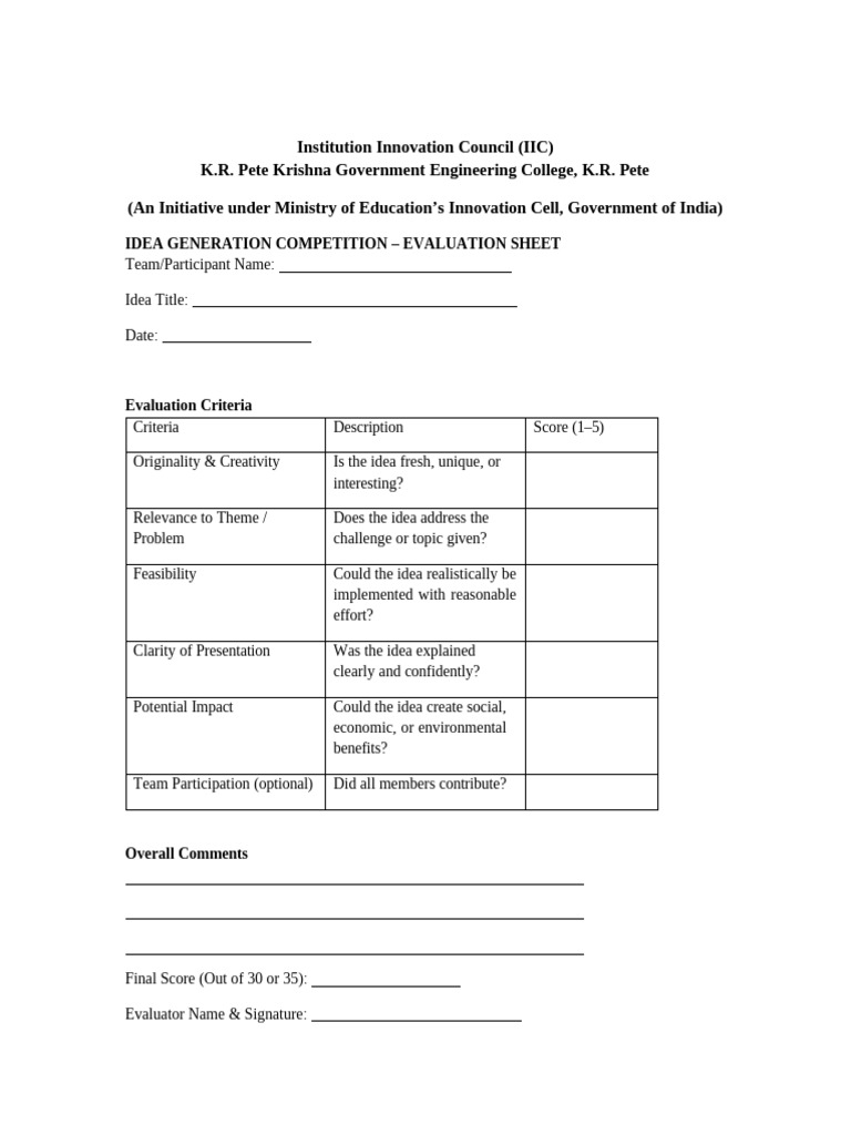 Idea Generation Evaluation Sheet | PDF