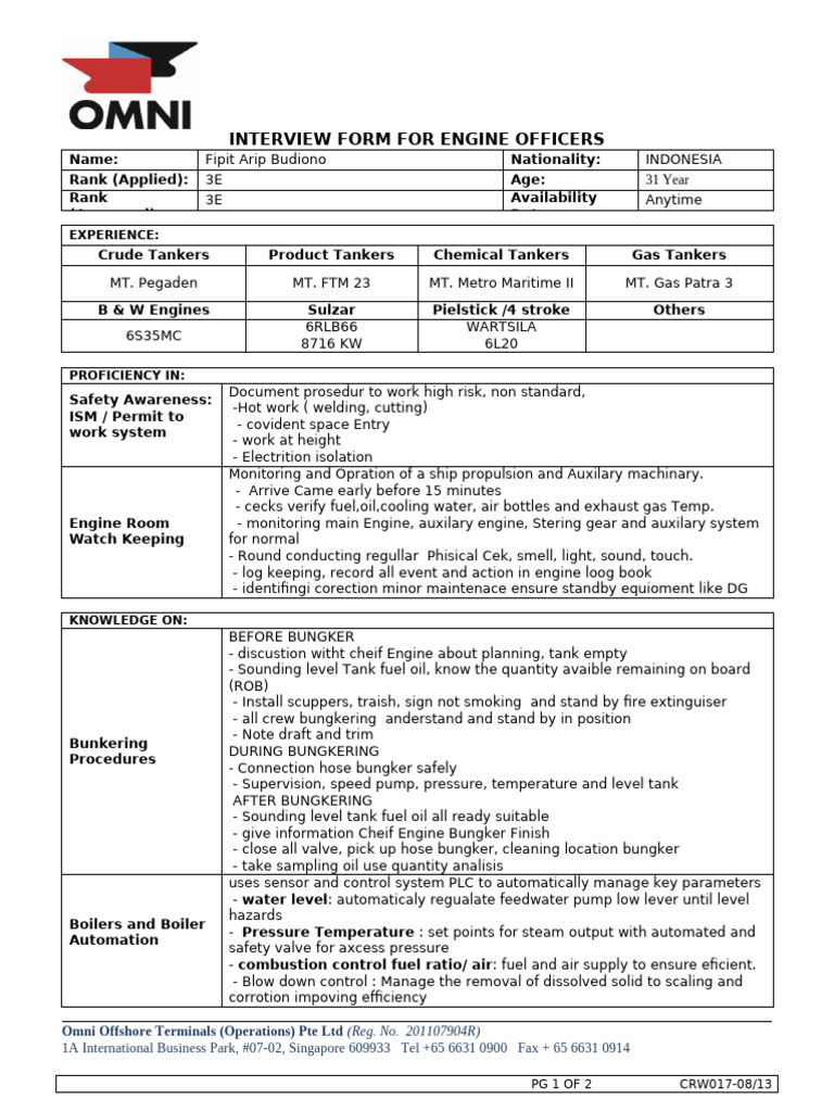 CRW017-0813 - Interview Form for Engine Officer 3E Fipit Arip Budiono ...