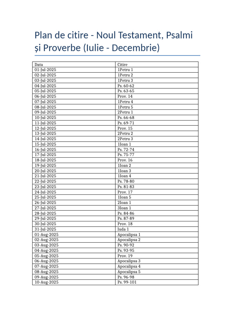 Plan Citire Biblie Iulie-Decembrie Corect | PDF