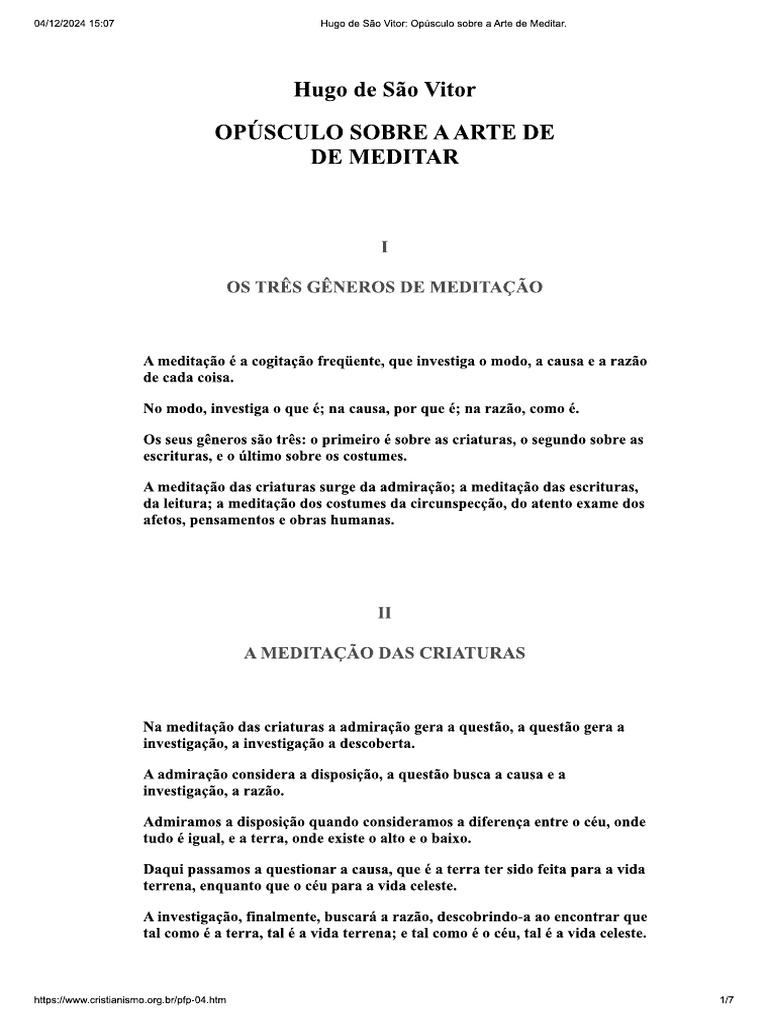 Hugo de São Vitor_ Opúsculo Sobre a Arte de Meditar. | PDF