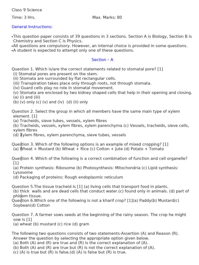 Class 9 Science Sample Paper 2026 | PDF | Buoyancy | Chemical Elements