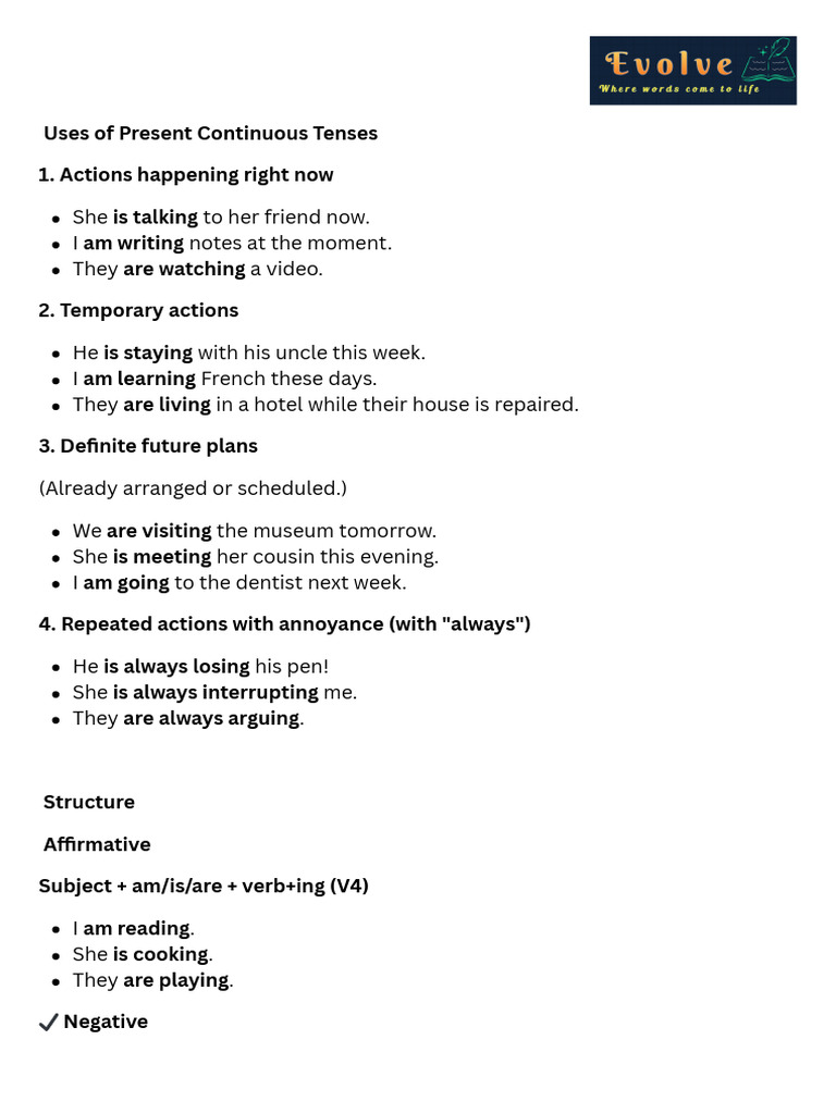 Present Continuous Tense - Hand Out | PDF