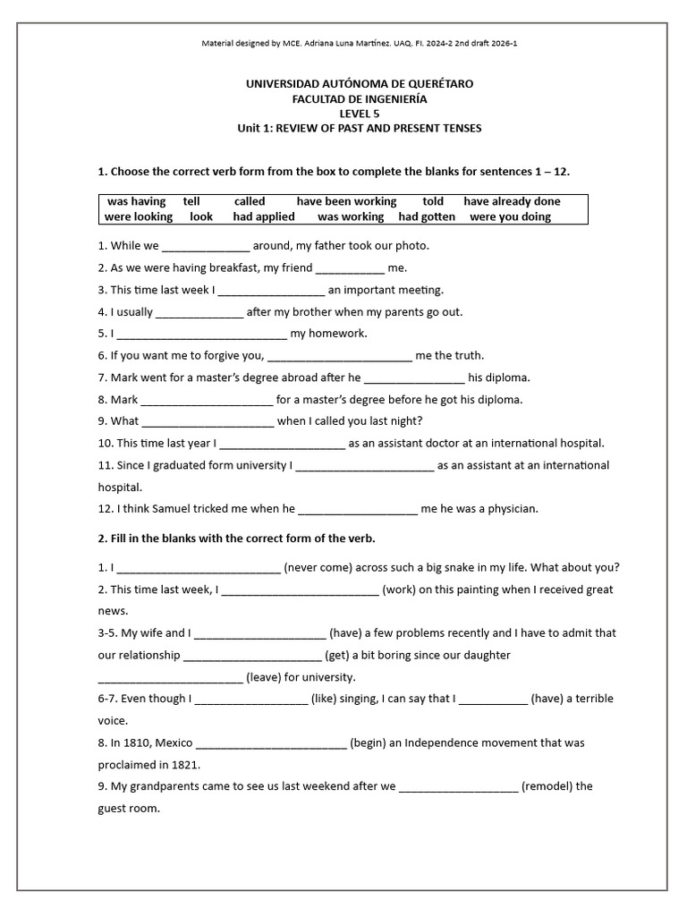 Unit 1 Lesson 1 Present and Past Tenses Review Ws | PDF | Linguistics ...