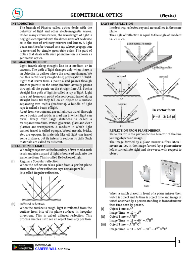 Sheet - 01 _ Geometrical Optics | PDF | Light | Transmission Medium