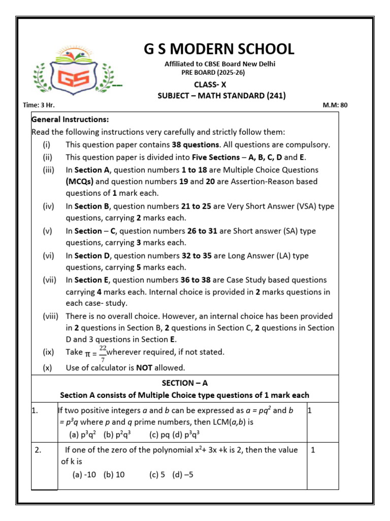 Class X Standard Math Pre Board | PDF | Circle | Quadratic Equation