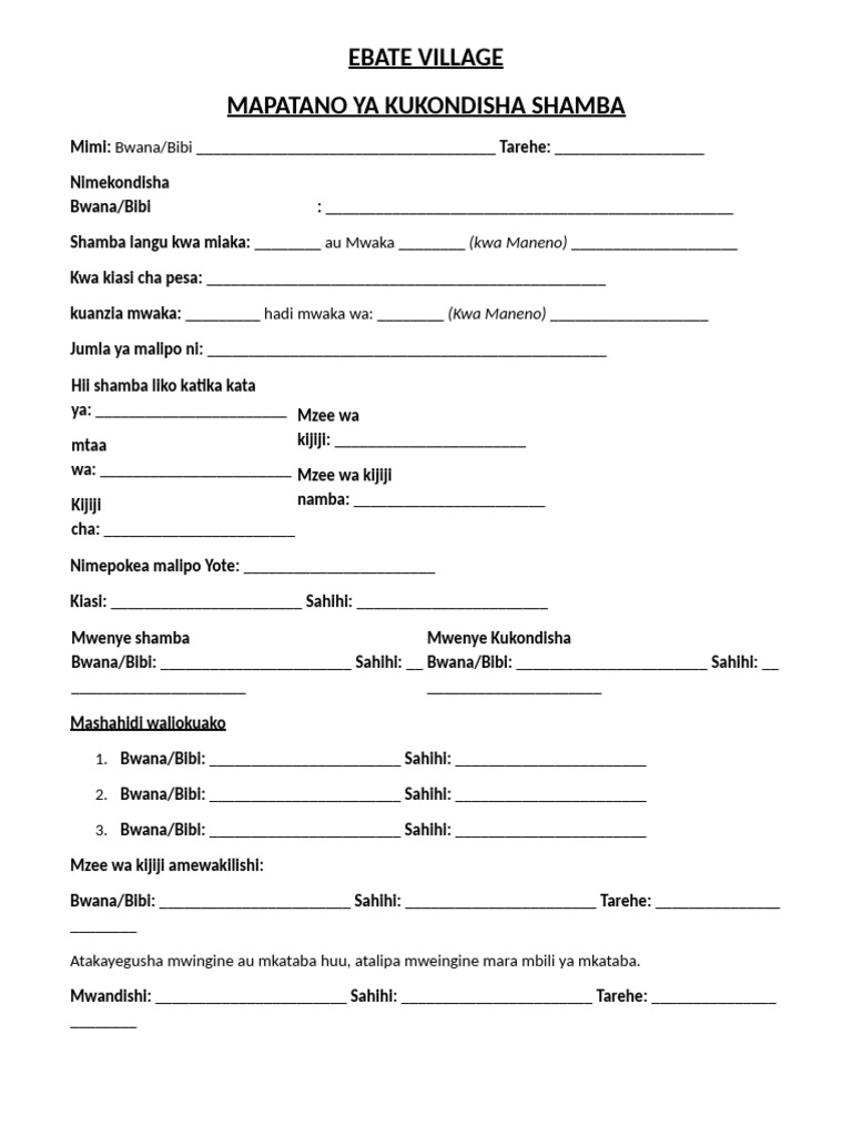 EBATE VILLAGE Mapatano Ya Kukodisha Shamba | PDF