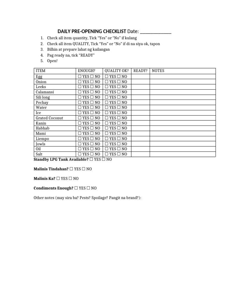 Daily Pre-Open Checklist | PDF