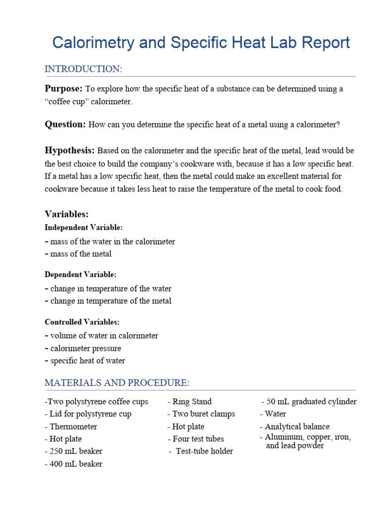 Calorimetry and Specific Heat Lab Report | PDF | Heat | Temperature