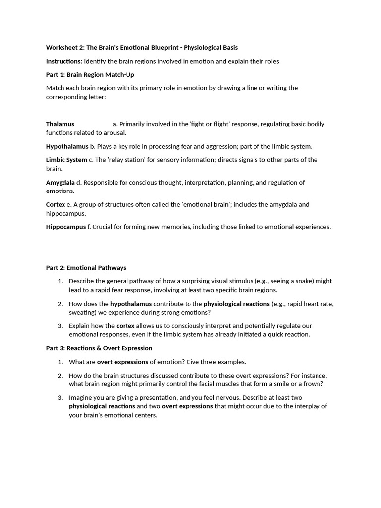 Physiological Basis of Emotion Worksheet | PDF