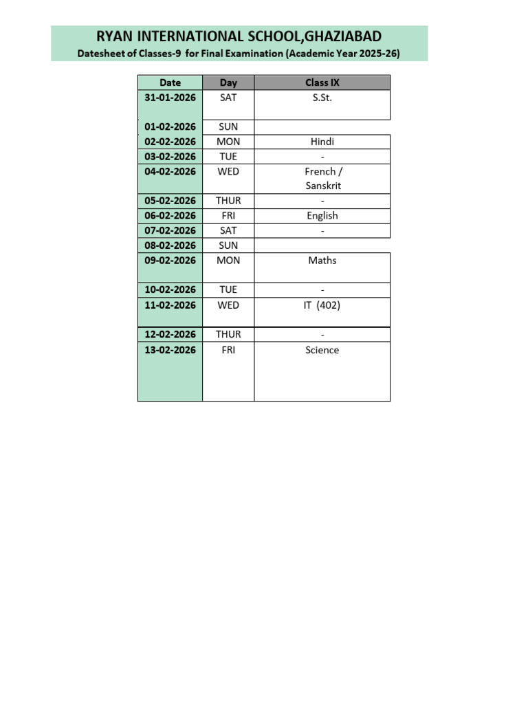 Final Examination Date-Sheet Classes-IX (2025-2026) | PDF