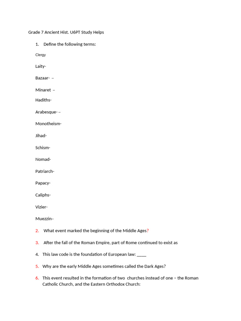 Grade 7 Ancient Hist U6PT Study Helps | PDF