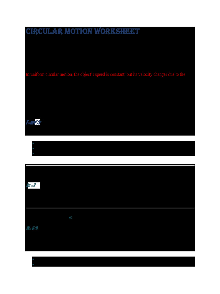 Circular Motion Worksheet | PDF