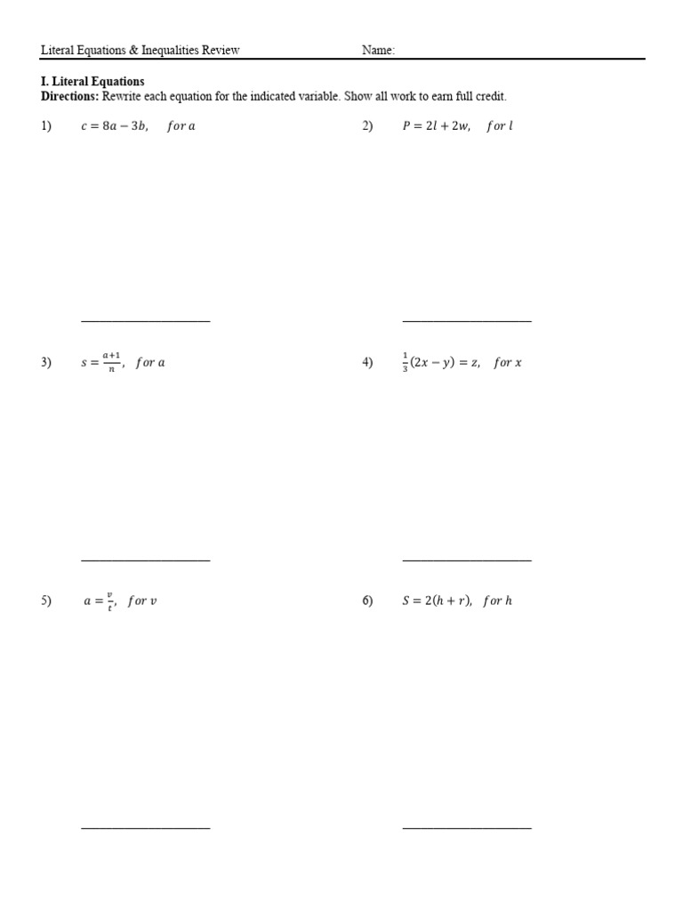 Literal Equations & Inequalities Review | PDF | Inequality (Mathematics ...