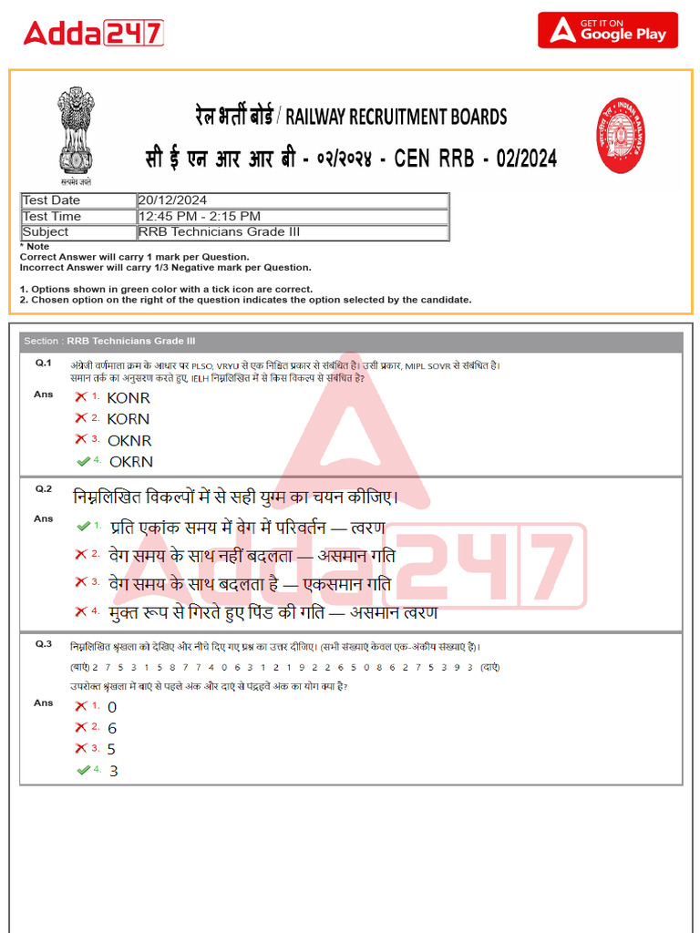 RRB Techn Grade 3 Question Paper Shift2 Dec 20 Hindi | PDF