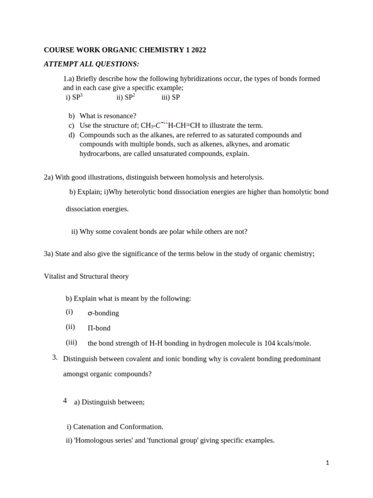 Course Work Organic Chemistry 1 2022 Atomic Structure and Organic ...