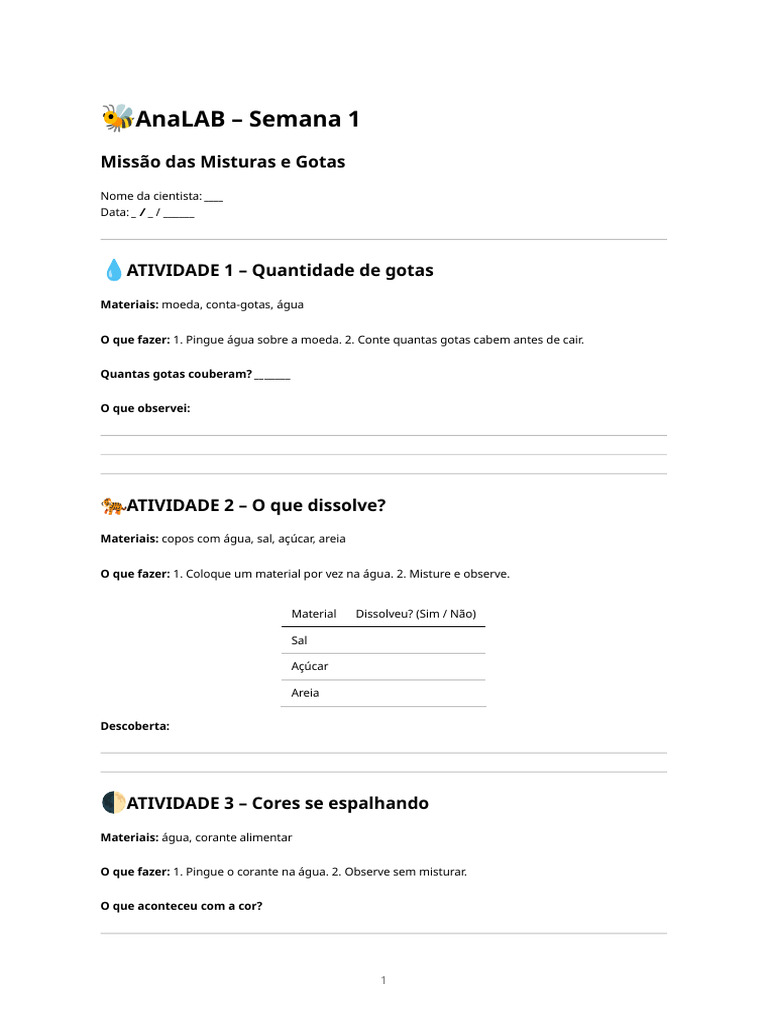 Semana 1 - Ana Lab (Folha para Imprimir) | PDF