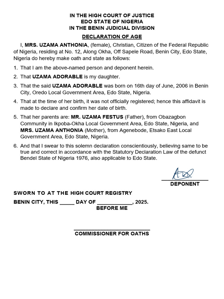Declaration of Age - Uzama Adorable | PDF | Affidavit | Codes Of Conduct
