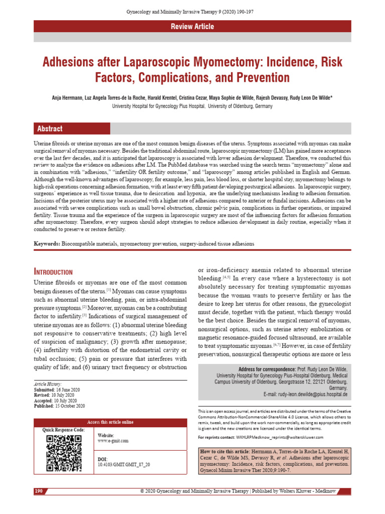 Adhesions after Laparoscopic Myomectomy Incidence, Risk Factors ...