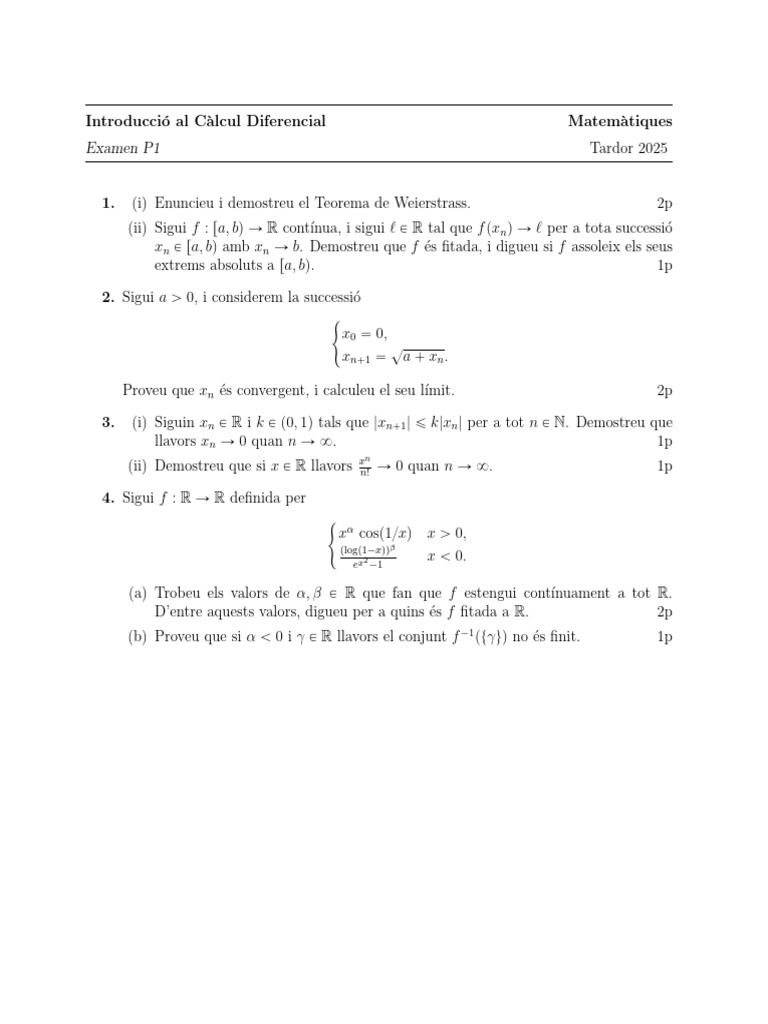 Examen P1: Introducci Oalc' Alcul Diferencial Matem' Atiques | PDF