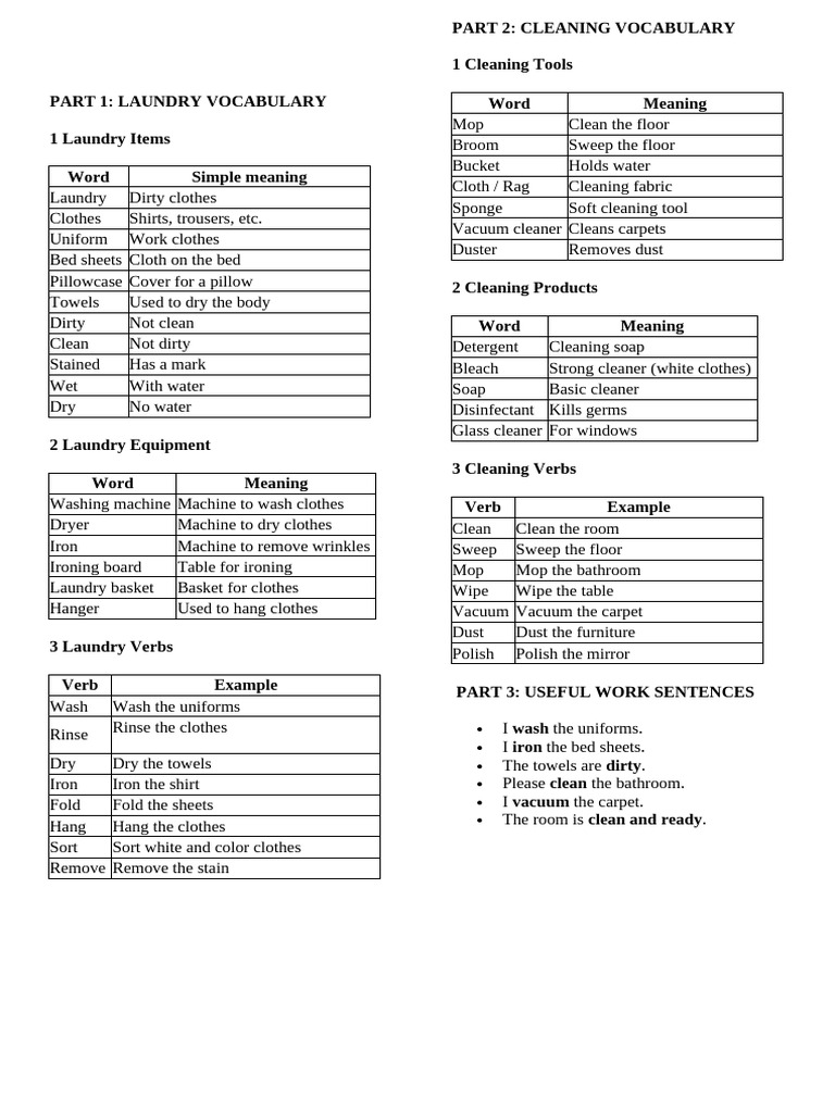 Laundry and Cleanoing Vocabulary | PDF | Laundry | Cleaning