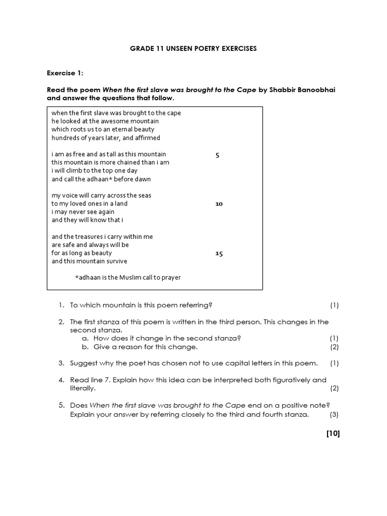 Grade 11 Unseen Poetry Exercises | PDF | Poetry