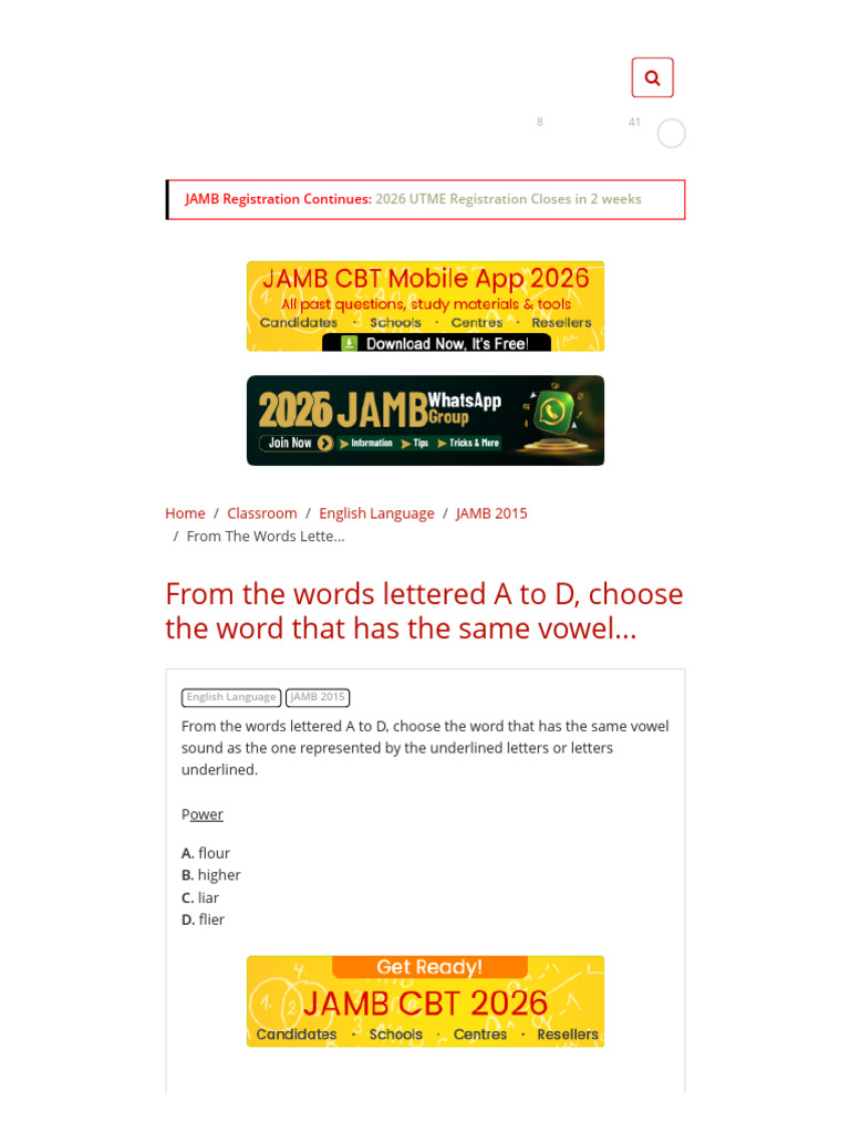 From the Words Lettered a to D, Choose the Word That Has the Same Vowel ...