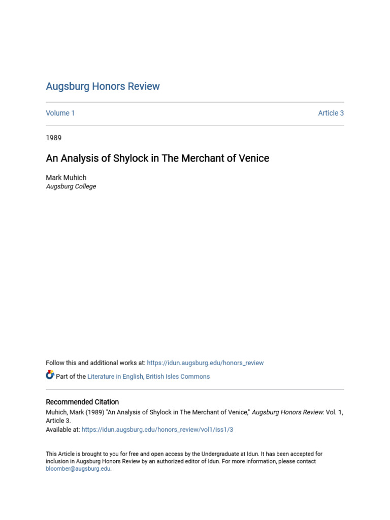 An Analysis of Shylock | PDF | Shylock | The Merchant Of Venice