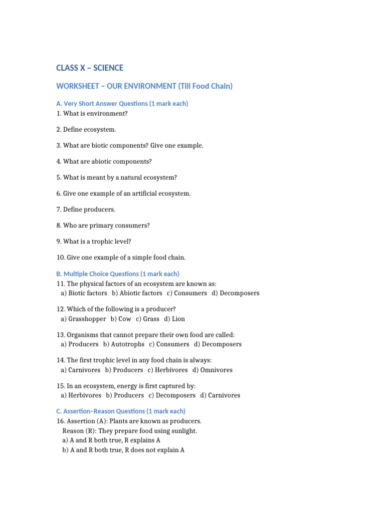 Class X Our Environment Worksheet | PDF | Ecosystem | Herbivore