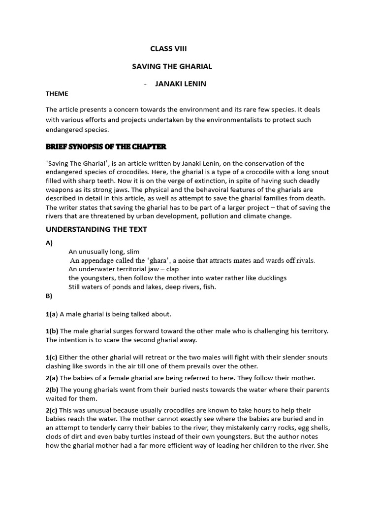 Class Note 8 STD Viii English Saving The Gharial 2021 22 | PDF ...
