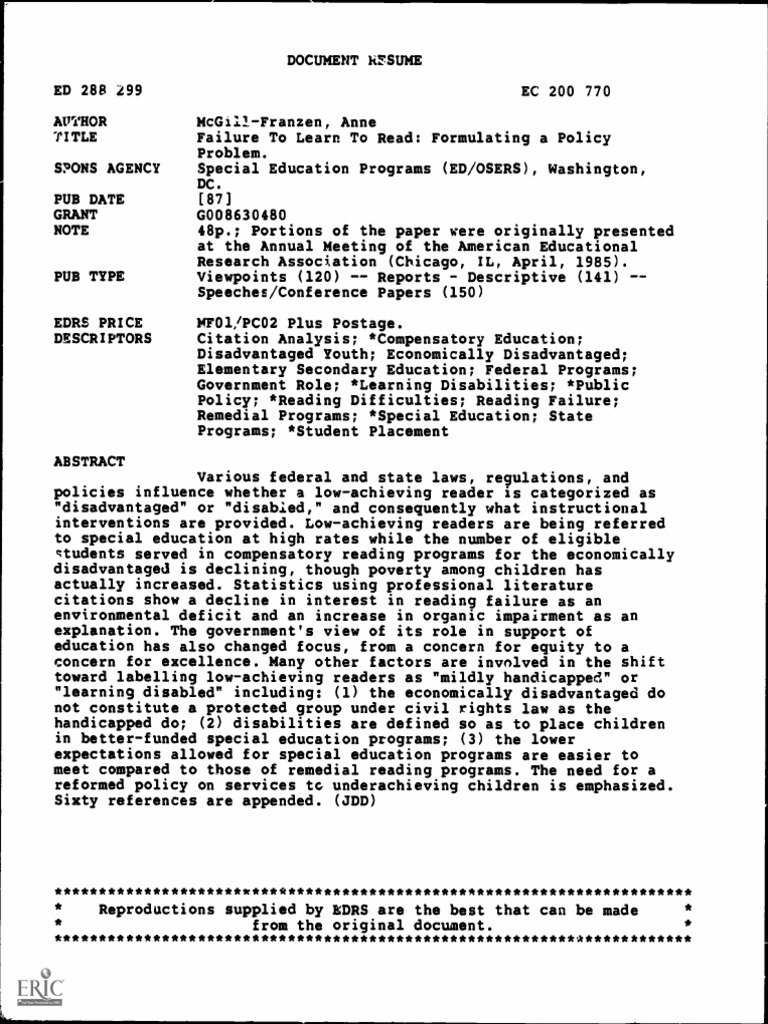 Failure to Learn to Read Formulating a P | PDF | Learning Disability ...