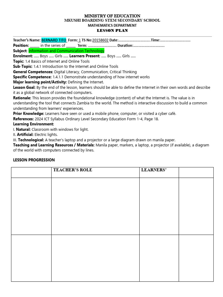 Basics of Internet and Online Tools Form 1 ICT Lesson Plans | PDF ...